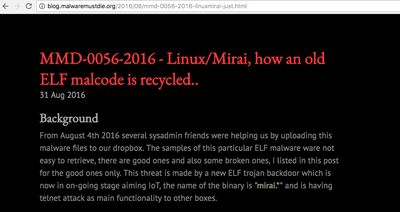 Inside Mirai the infamous IoT Botnet: A Retrospective Analysis | blog post